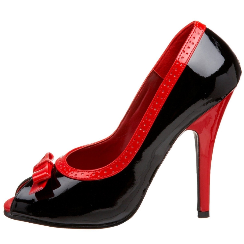 Souliers espagnols, escarpin bout ouvert rouge et noir vernis talon ...