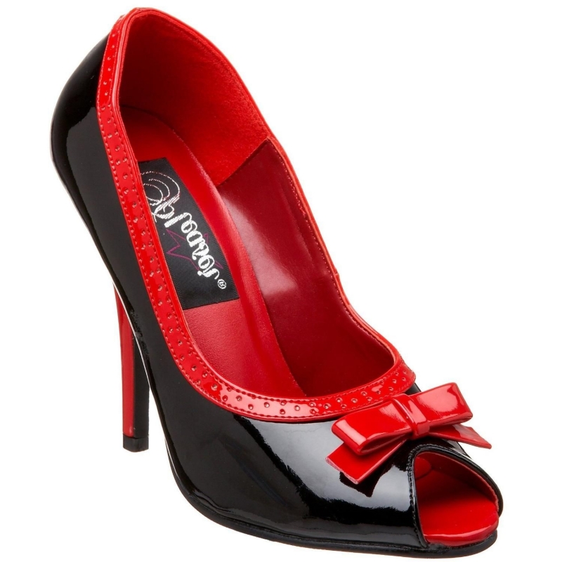 Souliers espagnols, escarpin bout ouvert rouge et noir vernis talon ...